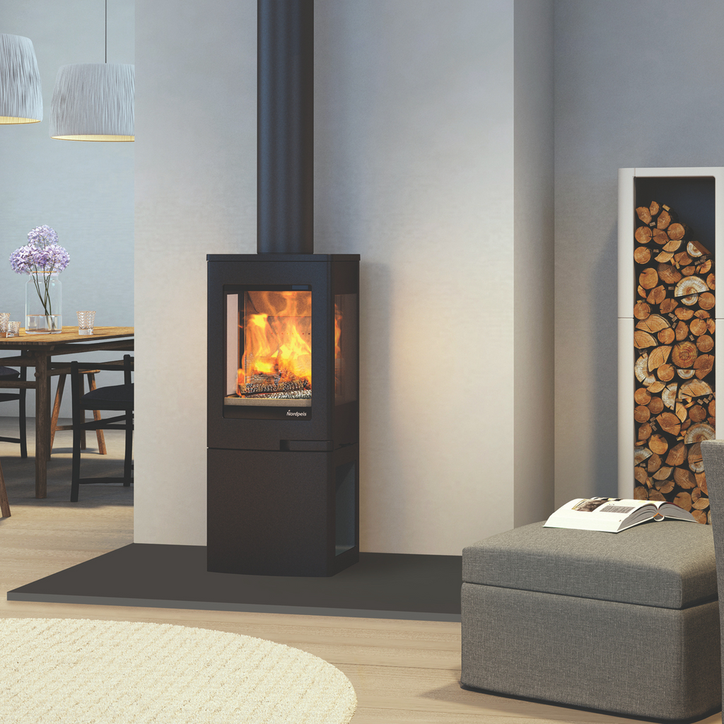 Uno 2 Wood Burning Stove with Log Store Base and Clear Glass Panels ...
